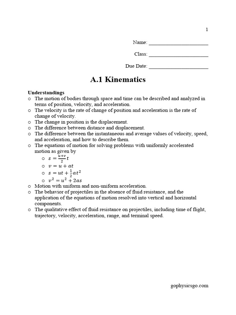 A.1 Kinematics Version 2 | PDF | Acceleration | Velocity