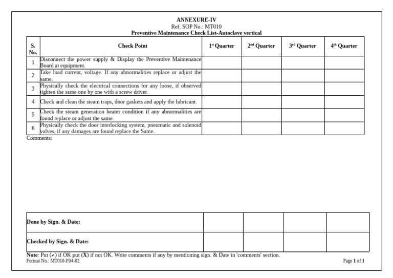 Autoclave Preventive Maintenance Checklist | PDF