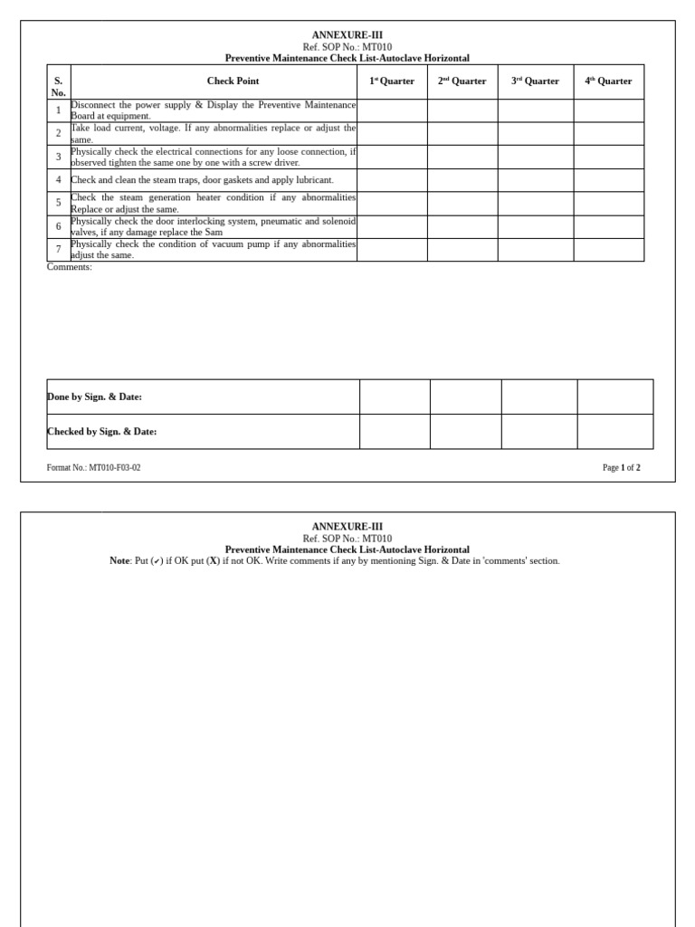 Autoclave Maintenance Checklist | PDF