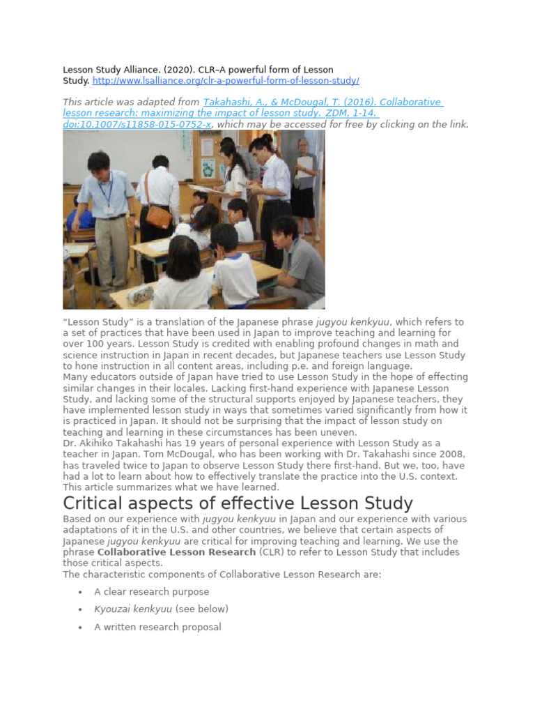 Lesson Study Alliance. (2020) - CLR-a Powerful Form of Lesson Study. | PDF | Teachers | Curriculum