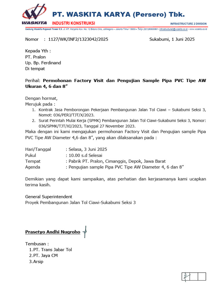 Surat Permohonan Kunjungan Site Visit PT - Pralon | PDF