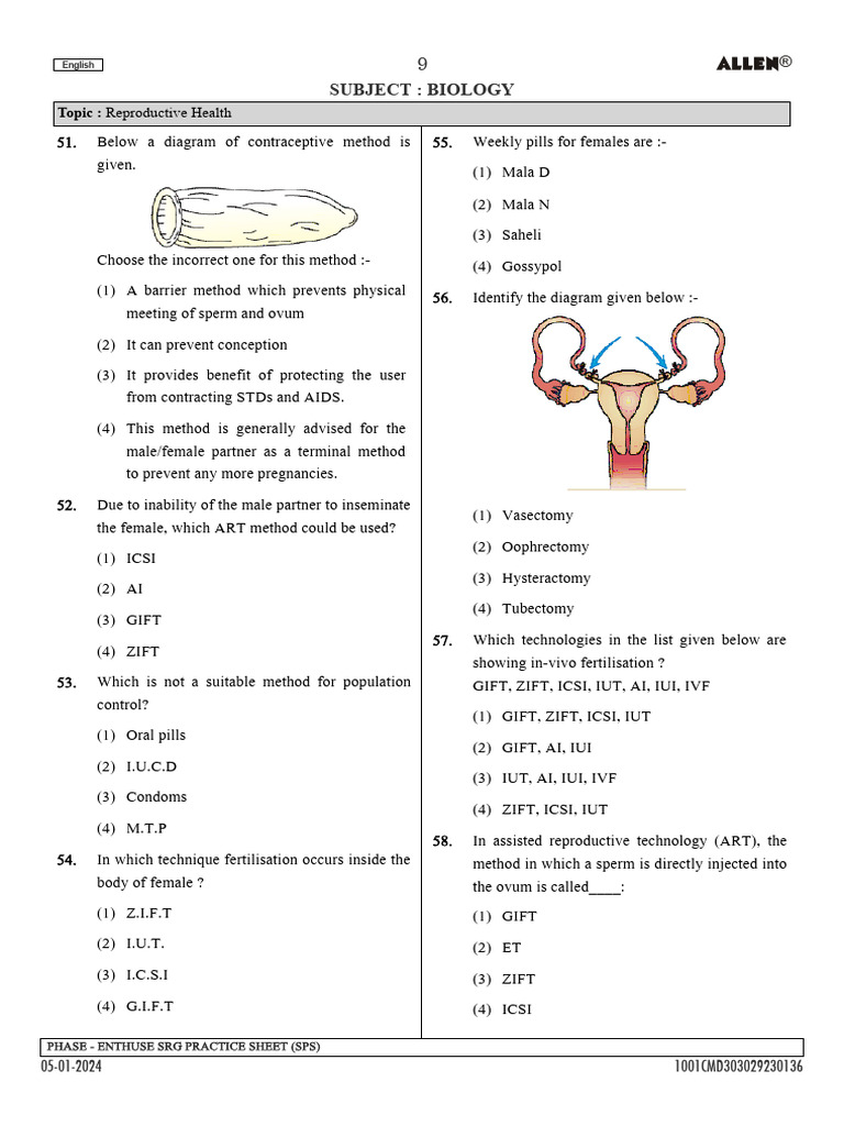 Reproductive Health - Practice Set | PDF | Birth Control | Reproductive ...