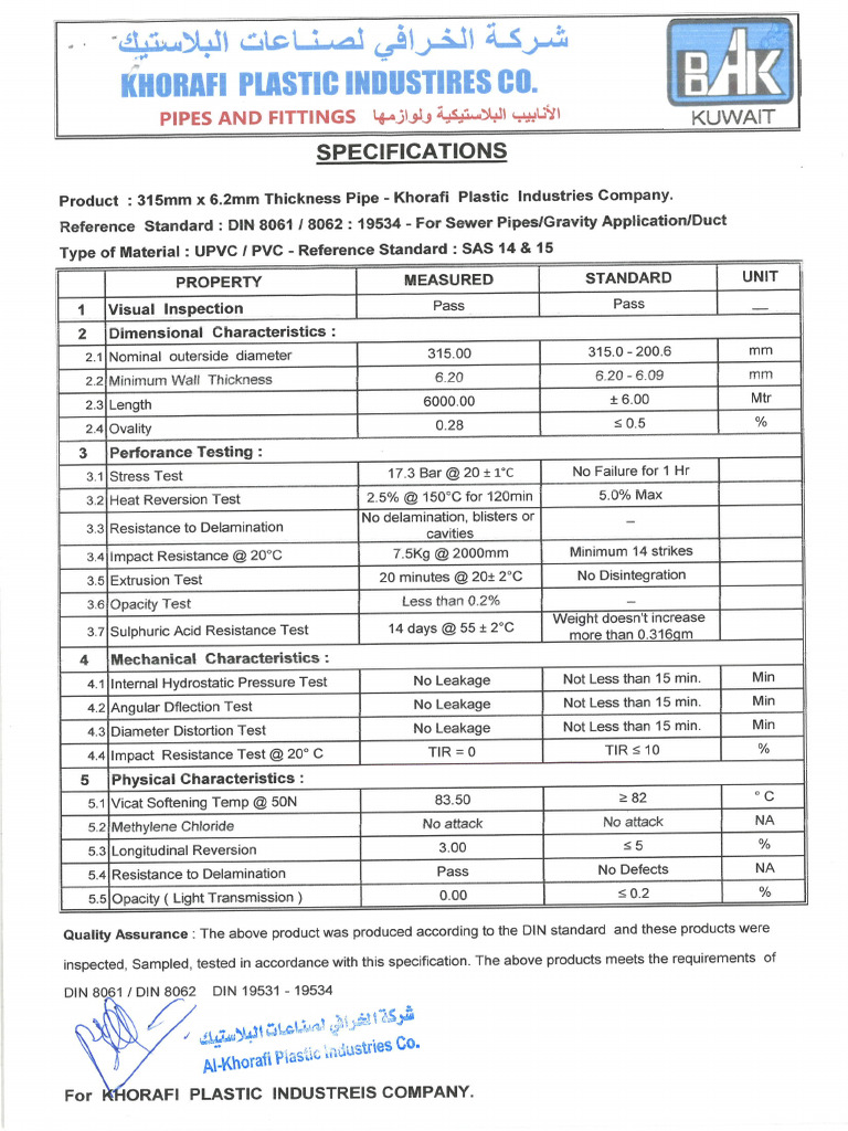 Khorafi Plastic Material Test Certificate MTC | PDF