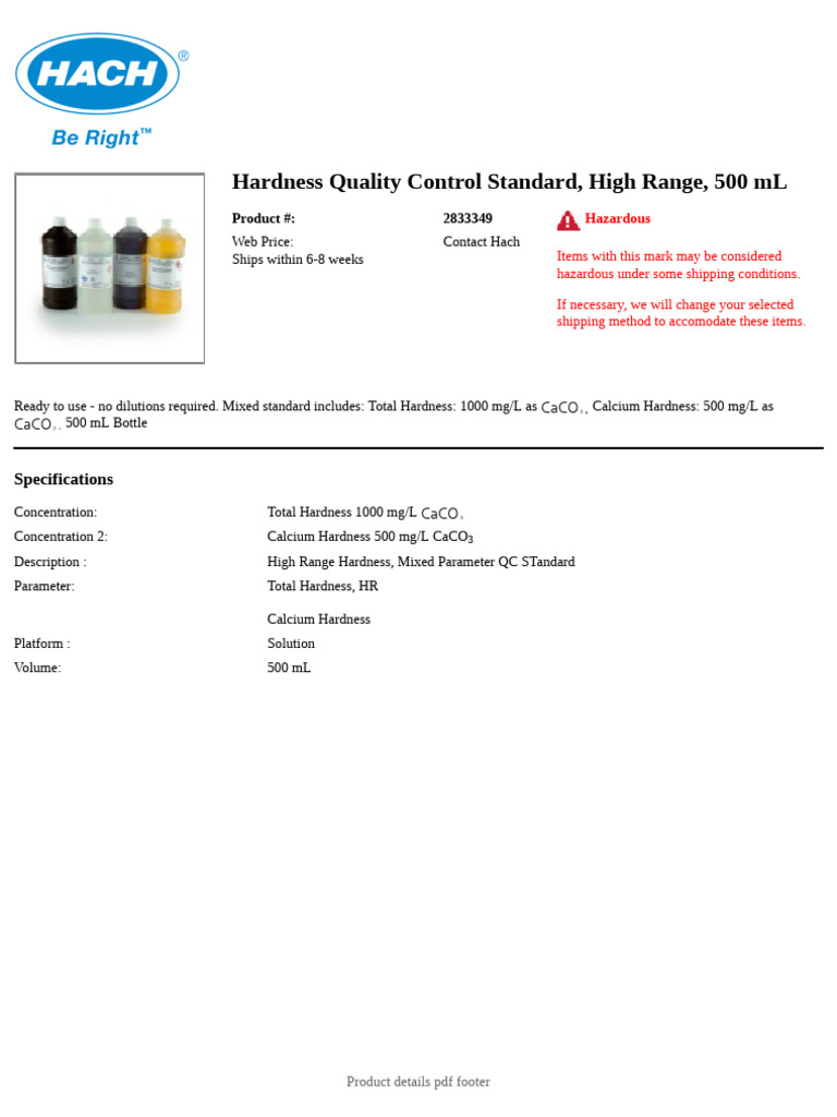 Hardness Quality Control Standard, High Range, 500 ML: Product ...