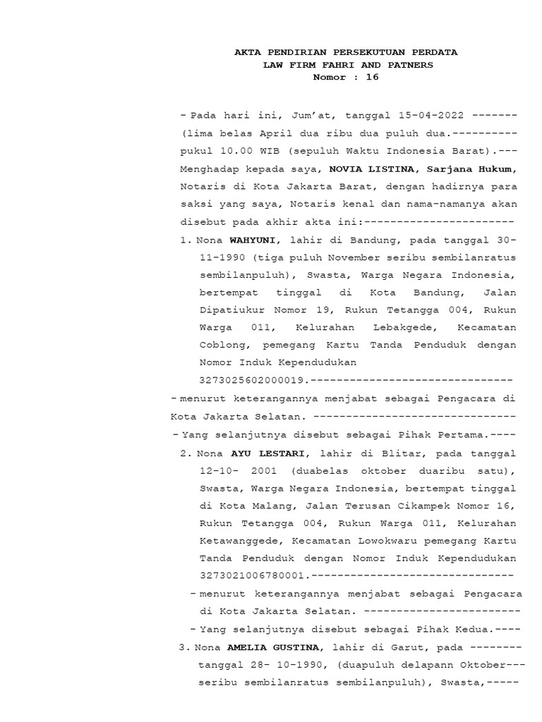 Akta Pendirian Persekutuan Perdata | PDF