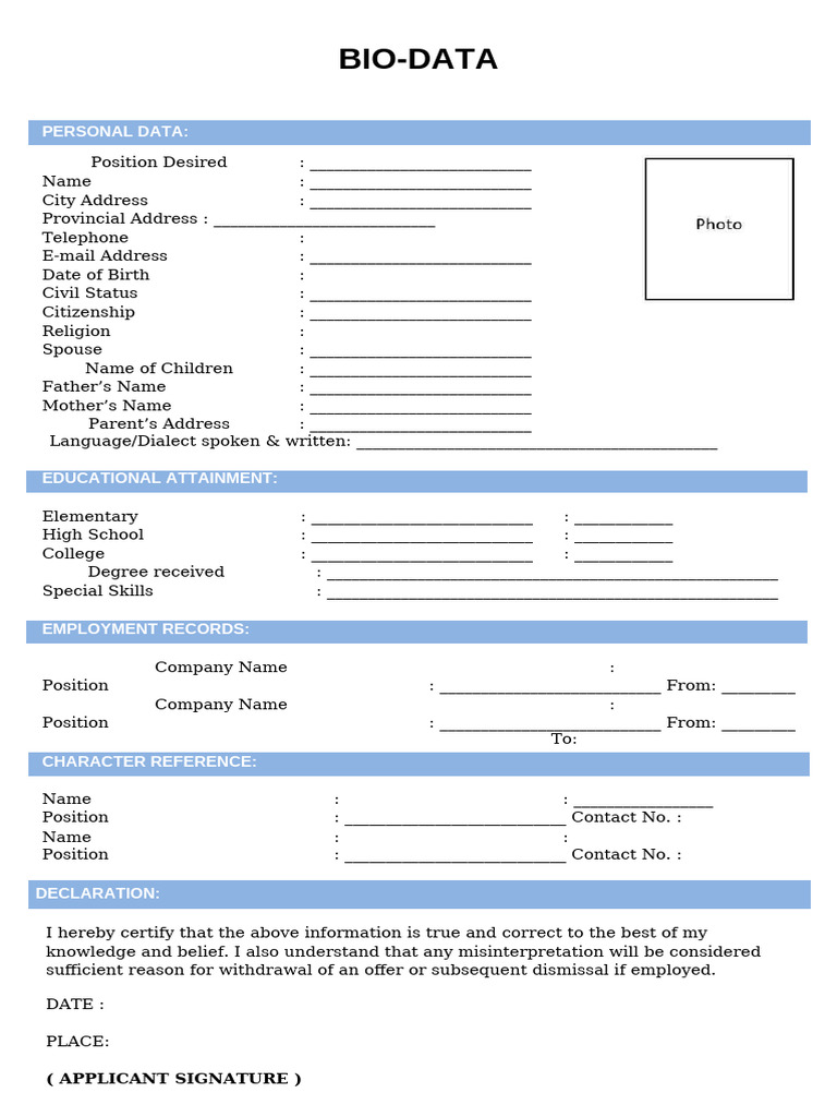 Biodata Form Template | PDF