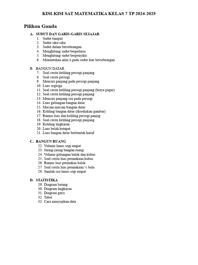 Kisi-Kisi Psat Matematika Kelas 7 | PDF