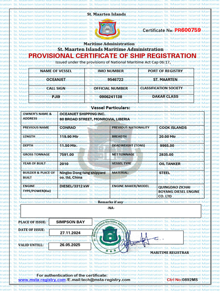 Provisional Ship Registration Certificate | PDF