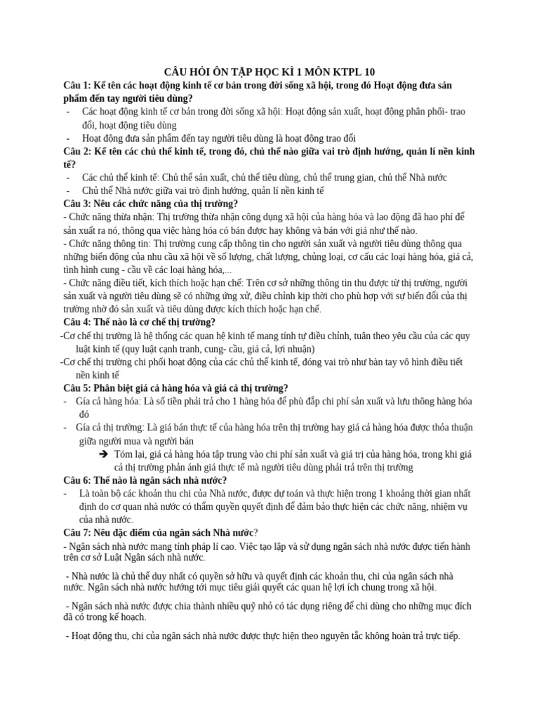Câu Hỏi Ôn Tập Học Kì 1 Môn Ktpl 10 | PDF