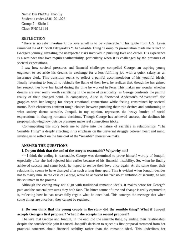 "The Sensible Thing" (Reflection) | PDF | Love