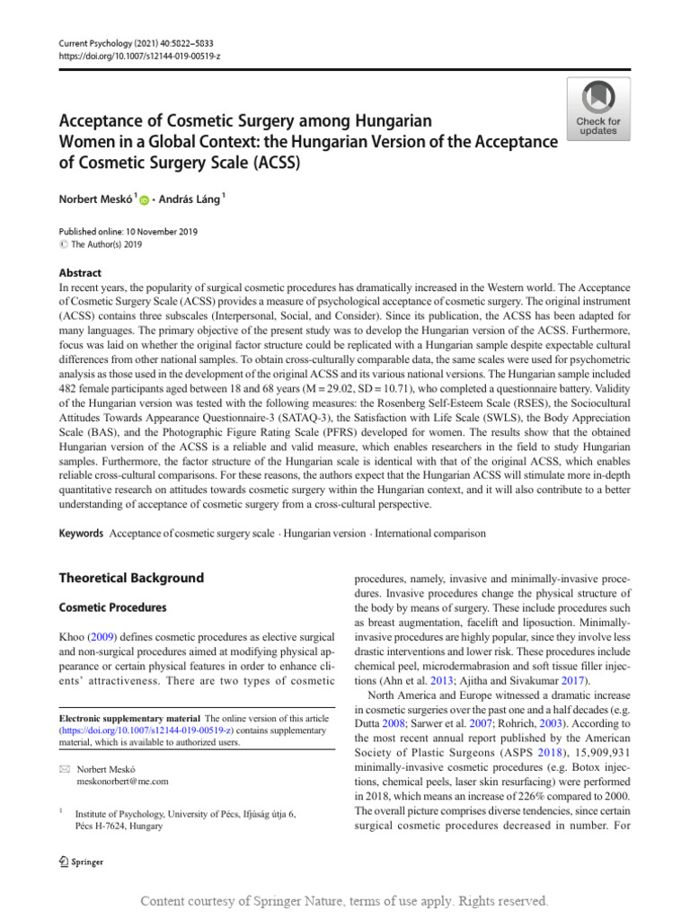 Acceptance of Cosmetic Surgery Among Hungarian Wom | PDF | Body Image ...
