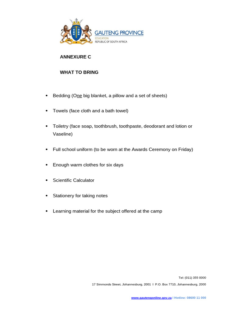 ANNEXURE C - List of What To Bring | PDF