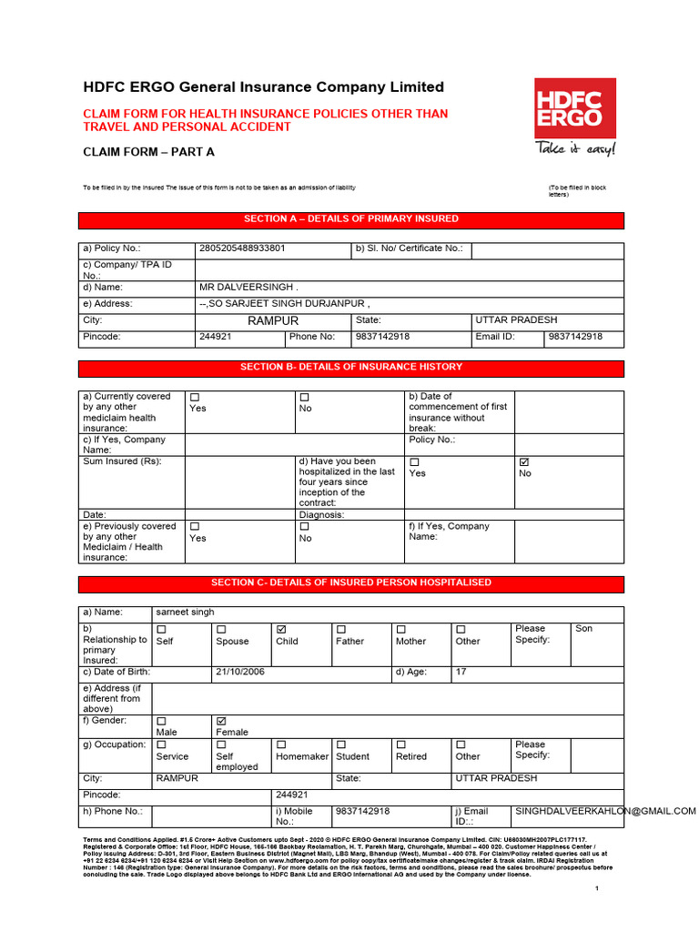 HDFC ERGO Health Insurance Claim Form | PDF | Insurance | Banks