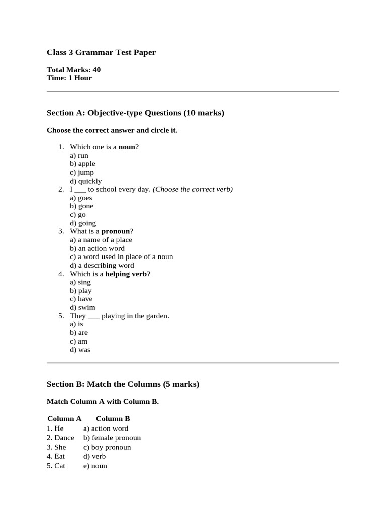 Class 3 English Grammar Test Paper | PDF