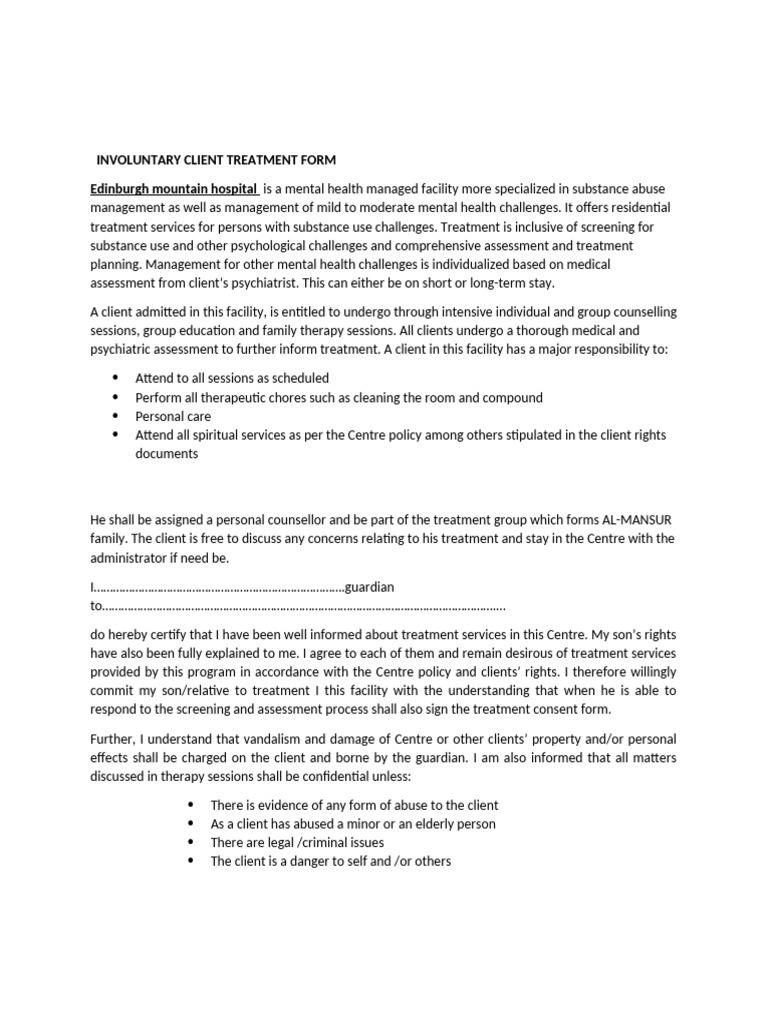 Involuntary Client Treatment Form | PDF | Mental Health | Psychiatry