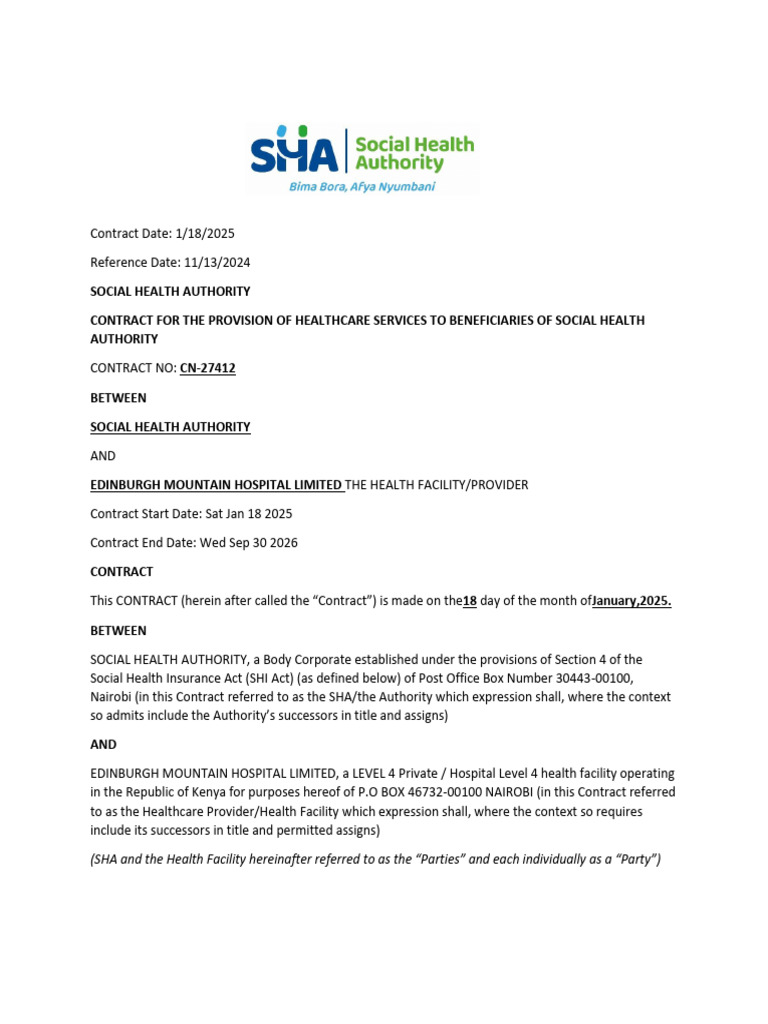 SHA Contract with Edinburgh Mountain Hospital | PDF