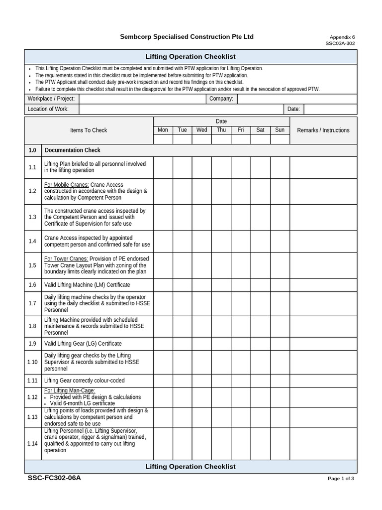SSC03A-302a6 Lifting Operation Checklist | PDF | Crane (Machine)