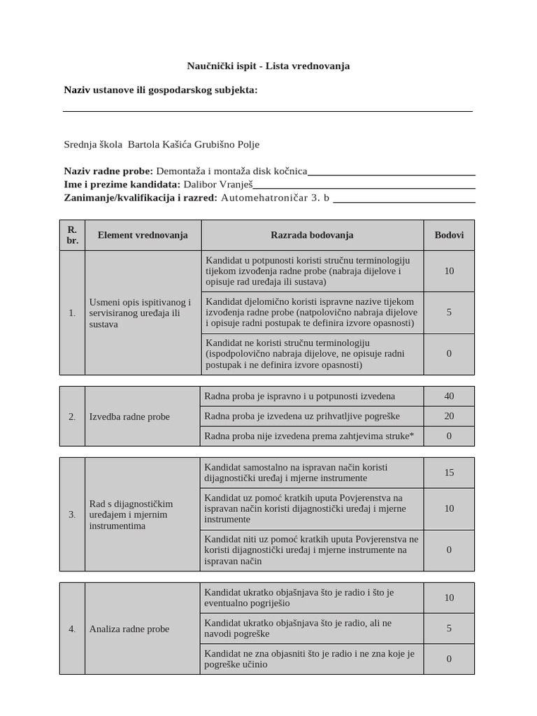 Naučnički Ispit Lista Vrednovanja | PDF