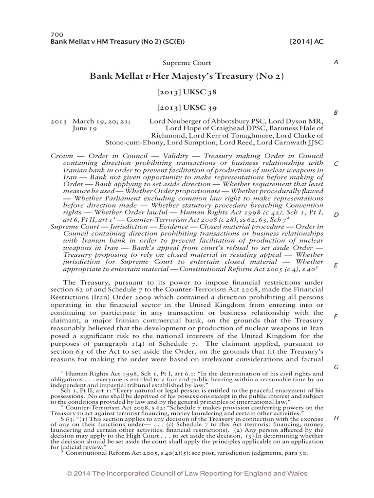 Bank Mellat v HM Treasury Case Summary | PDF | Judgment (Law) | Appeal