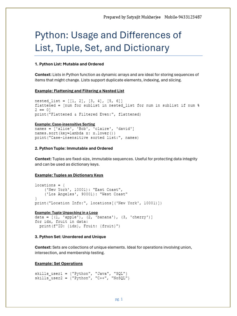 Python - Usage and Differences of List, Tuple, Set, and Dictionary | PDF | Computing | Computer Data