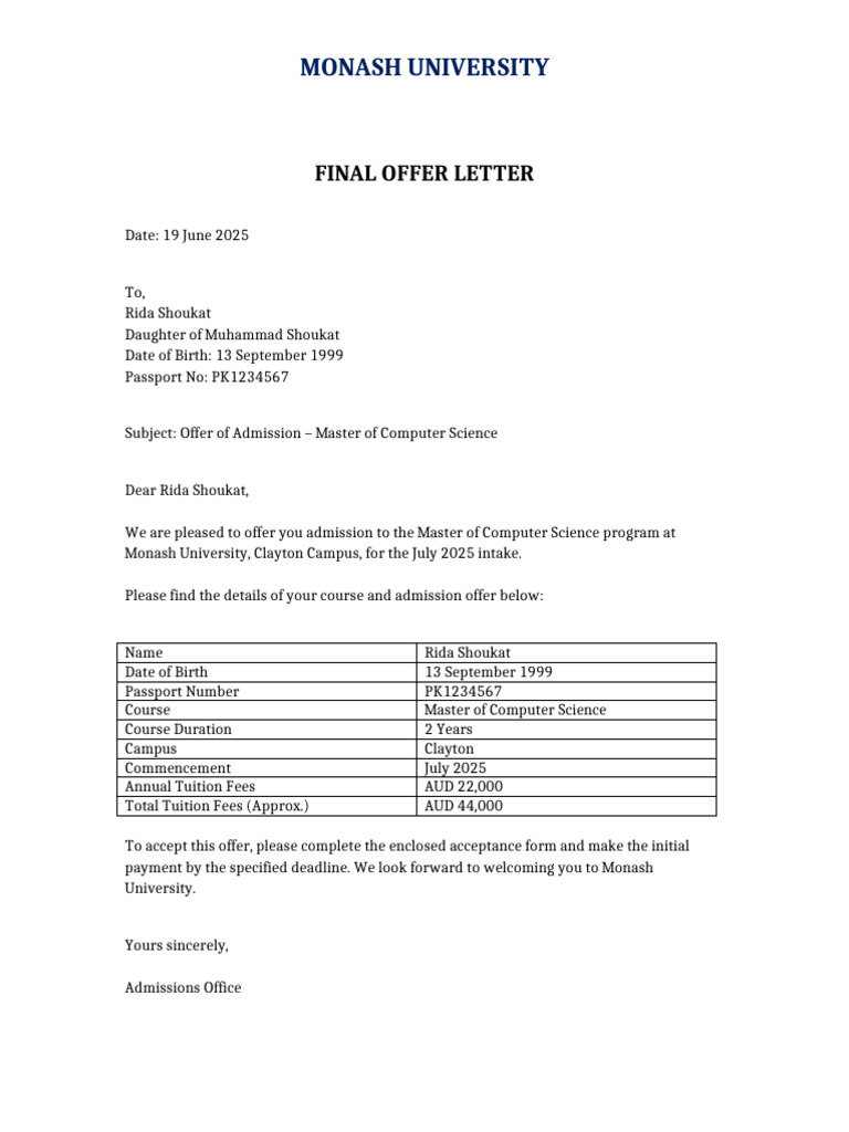 Monash Offer Letter Final With Passport | PDF