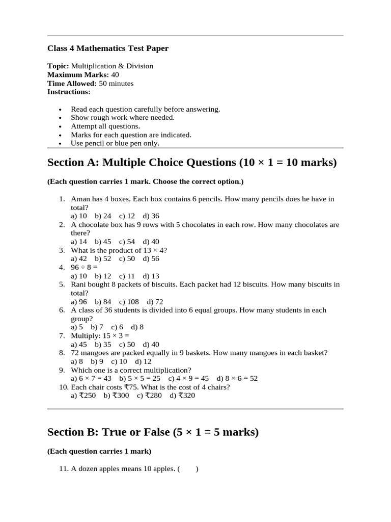 Class 4 Mathematics Test Pape1 | PDF | Multiplication | Mathematics