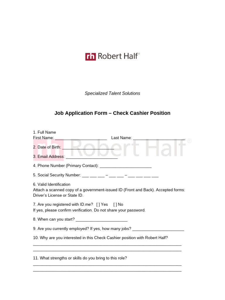 Robert Half Job Application Form With Logo | PDF