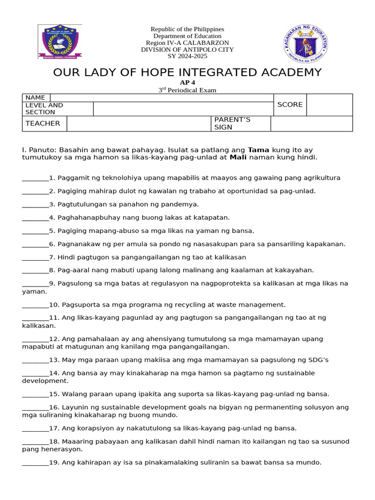 Grade 4 AP 3rd Periodical Exam | PDF