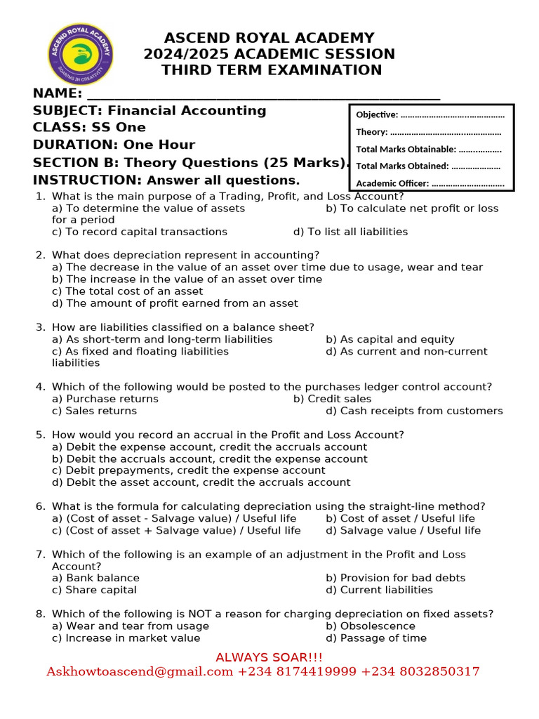 Financial Accounting SS 1 Examination Questions | PDF | Debits And ...