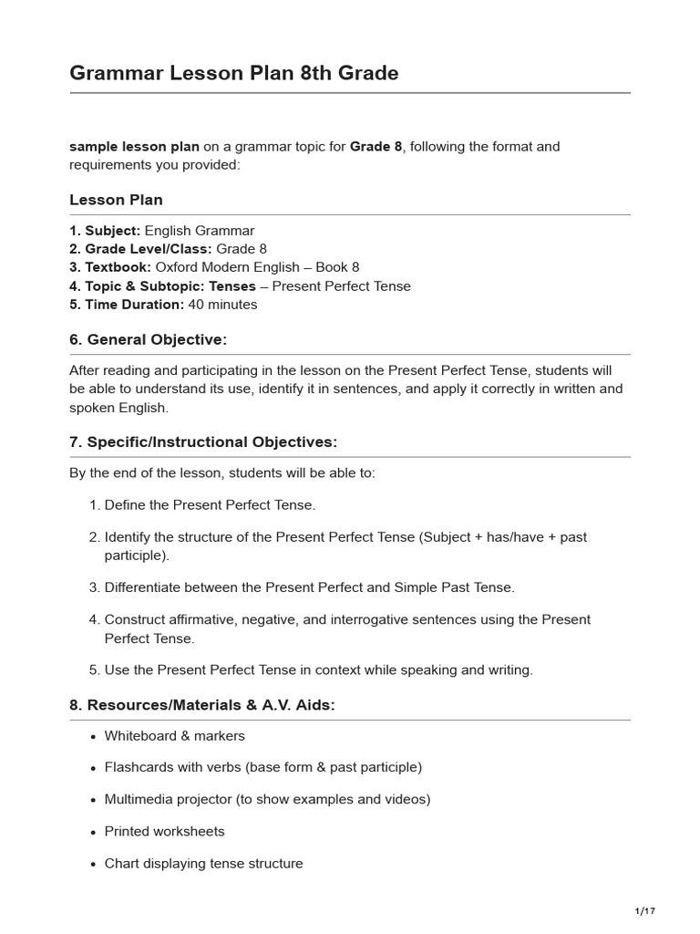 Grammar Lesson Plan 8th Grade | PDF | Perfect (Grammar) | Grammatical Tense