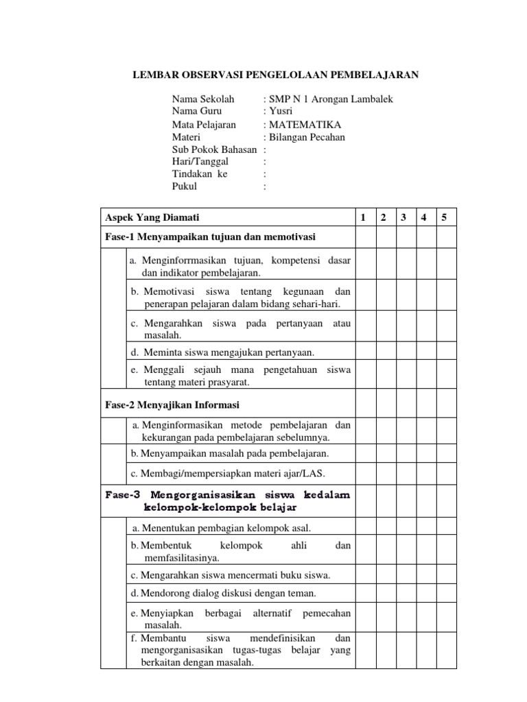Lembar Observasi Pengelolaan Pembelajaran | PDF