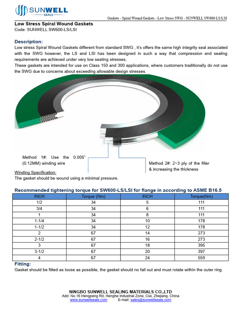 Low Stress Spiral Wound Gasket - SUNWELL SW600 LSL1575359887 | PDF ...