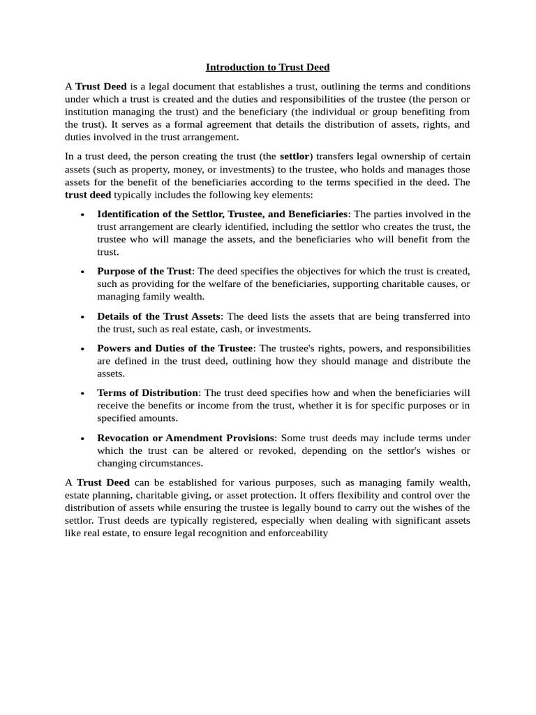 Trust Deed Overview and Format | PDF | Trustee | Deed