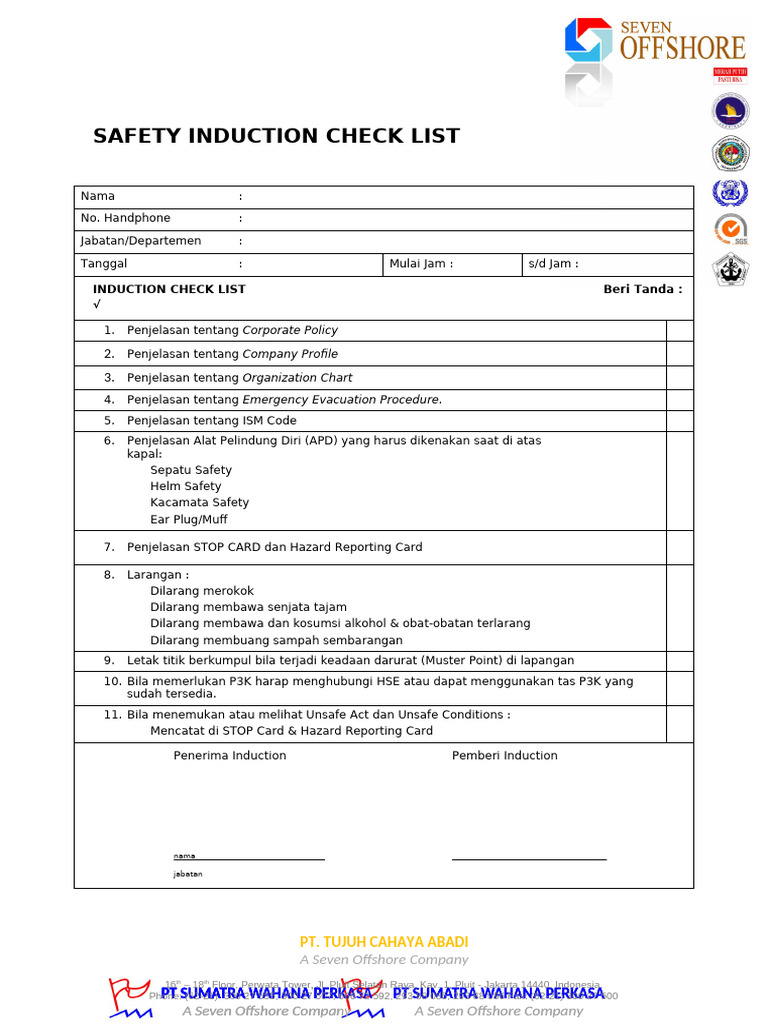 Induction Safety Checklist PT Sumatra Wahana | PDF