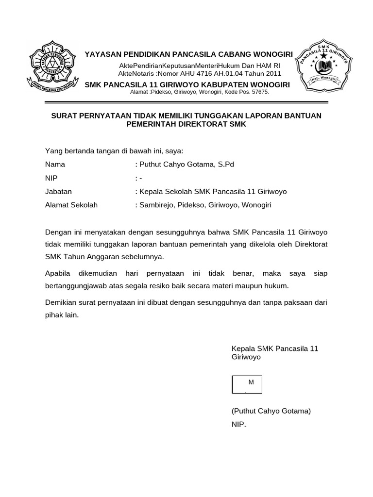 Format Surat Pernyataan Tunggakan Laporan | PDF