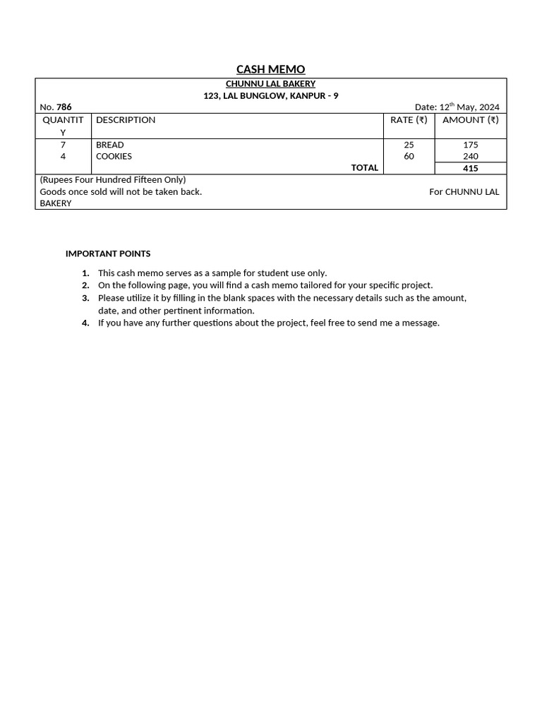 Cash Memo Format | PDF