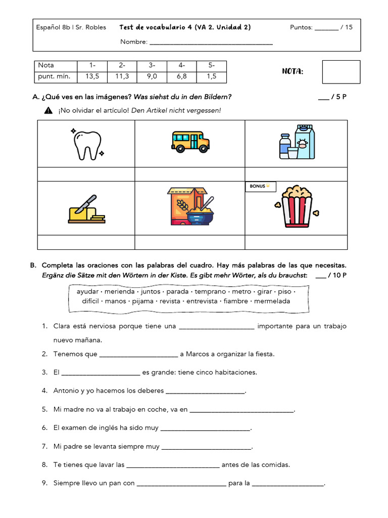 Test de Vocabulario 4 - 8b - Robles | PDF