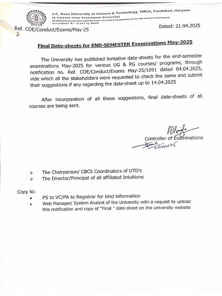 Final Date-Sheet For UG END-Semester Examination May-2025 1 | PDF