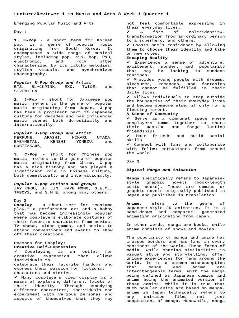 G8 Lecture - Reviewer 1 M&A Q1 | PDF | Cosplay | Anime