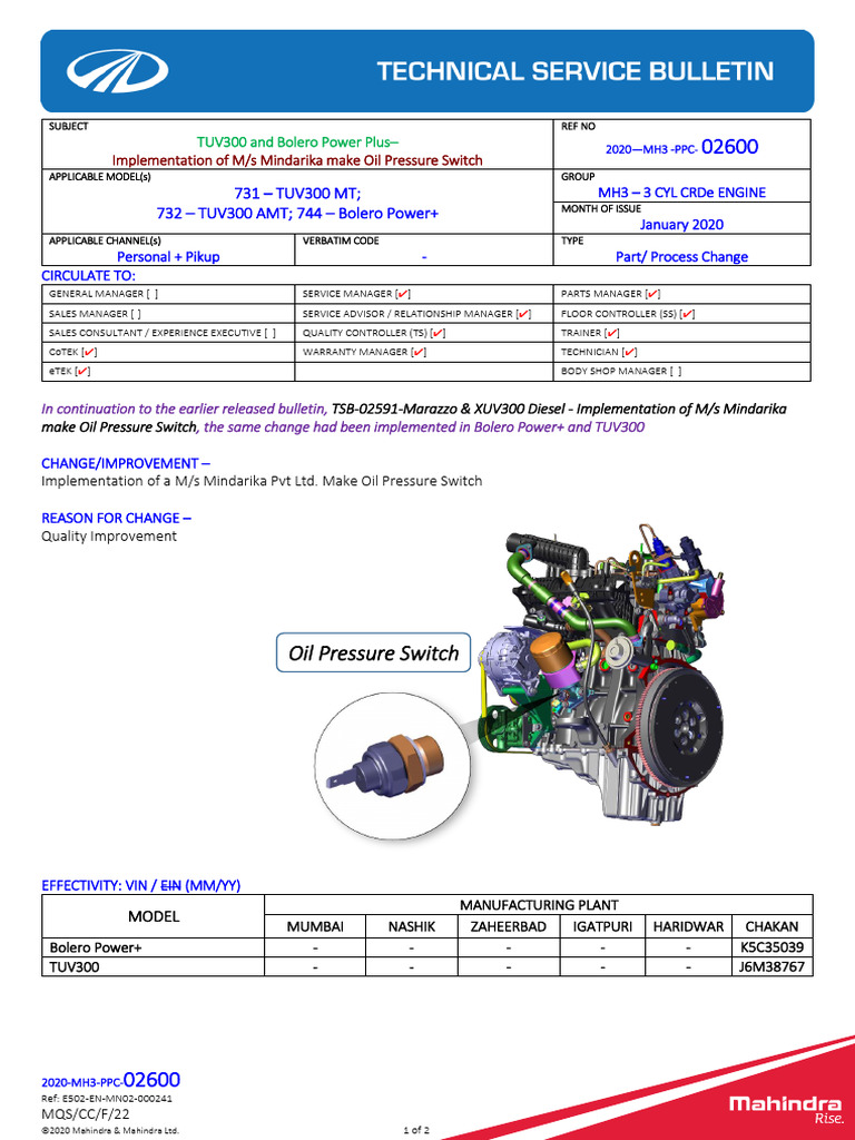 Bolero - Power - Plus - TUV300 - Oil - Pressure - Switch - Changed ...