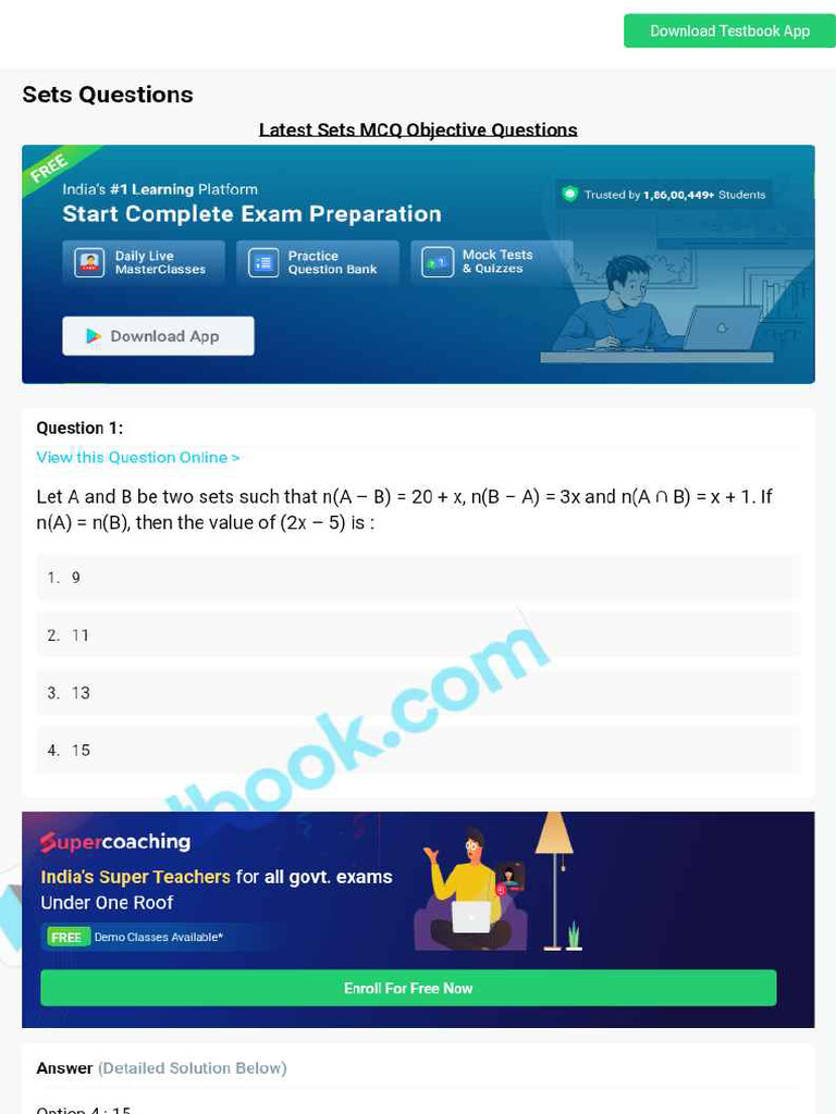 MCQ On Sets 5eea6a1439140f30f369f223 | PDF