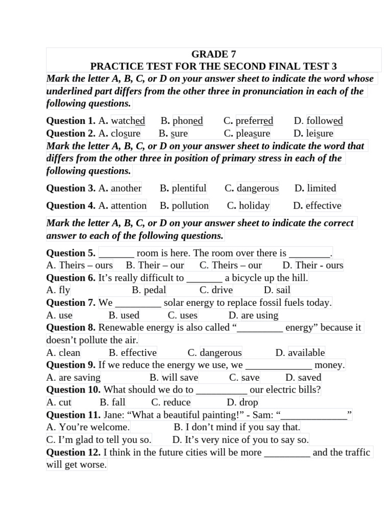 Grade 7 Final Test Practice Questions | PDF | Balloon (Aeronautics)