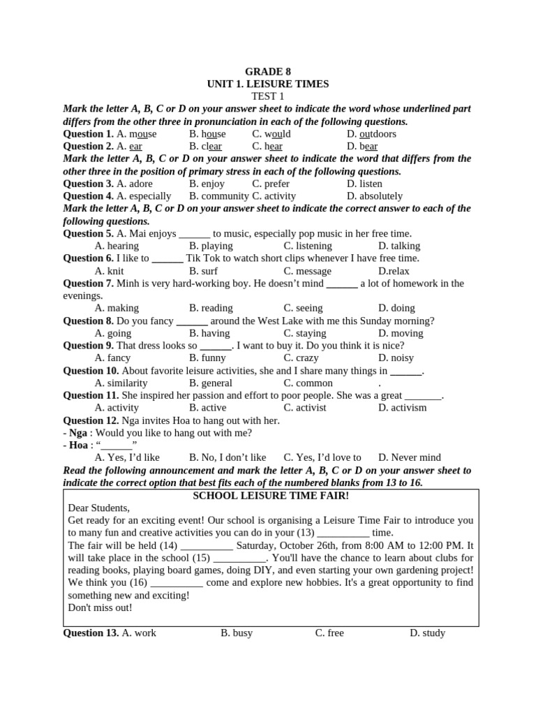 Grade 8 Leisure Time Test Questions | PDF | Hobbies | Adolescence