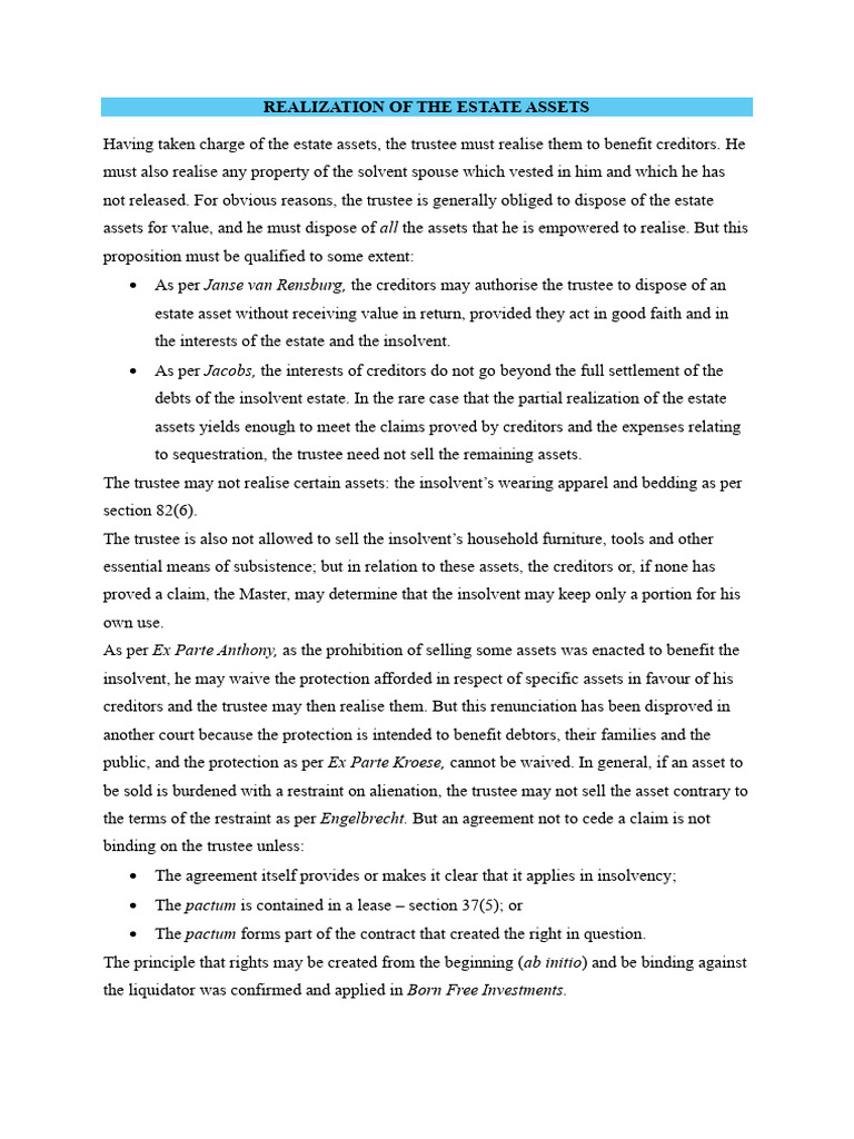 Realization & Distribution of The Assets | PDF | Insolvency | Property Law