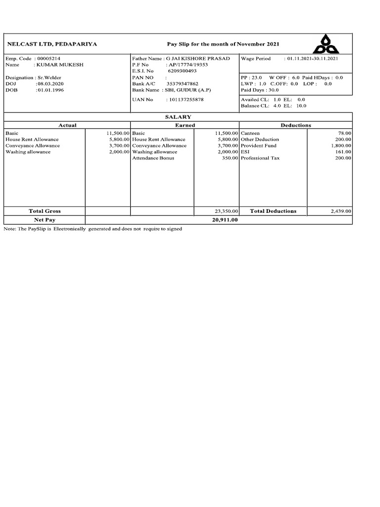 Pay Slip Nov 2021 | PDF
