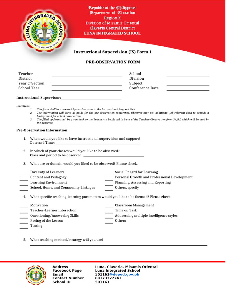 Revised Pre Post Observation Template | PDF | Teachers | Learning