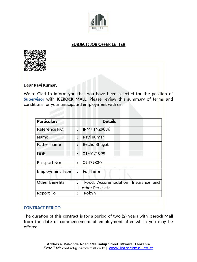Icerock Mall Offer Latter | PDF | Employment | Overtime