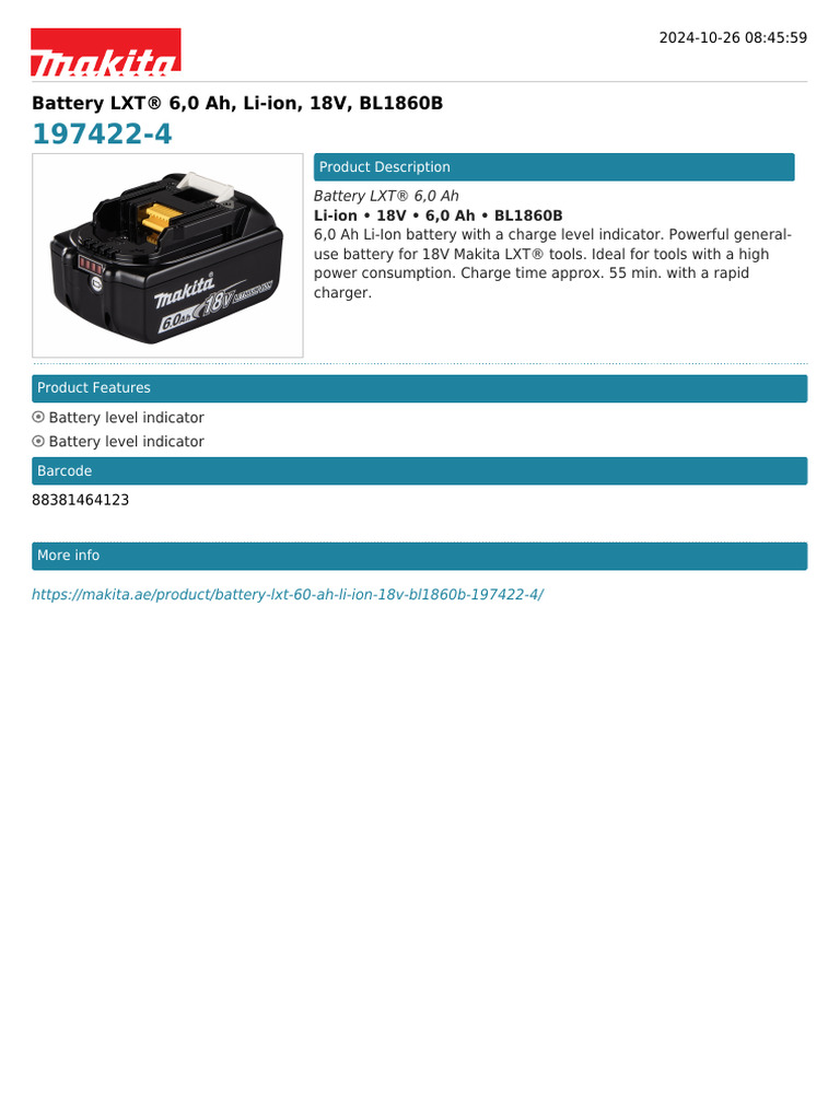 Battery LXT® 6,0 Ah, Li-Ion, 18V, BL1860B - 197422-4 | PDF