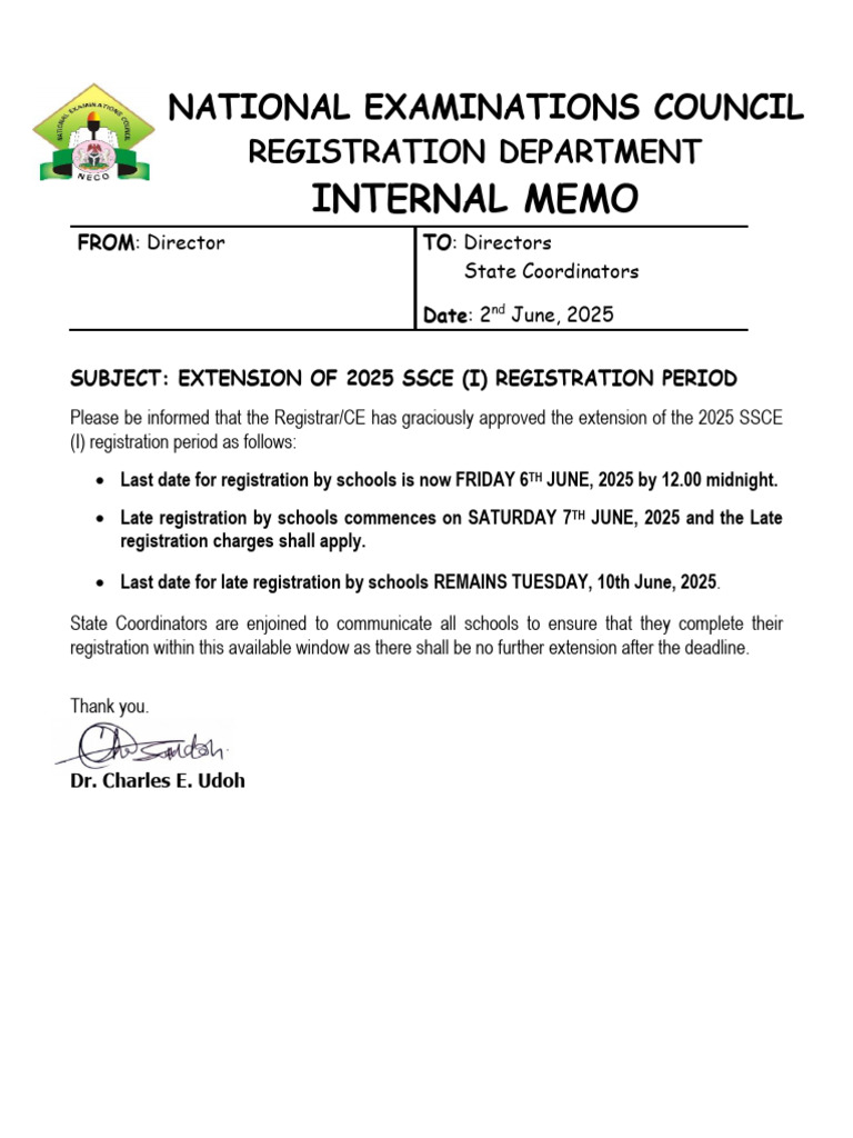 Extension of 2025 Ssce I Registration Period | PDF