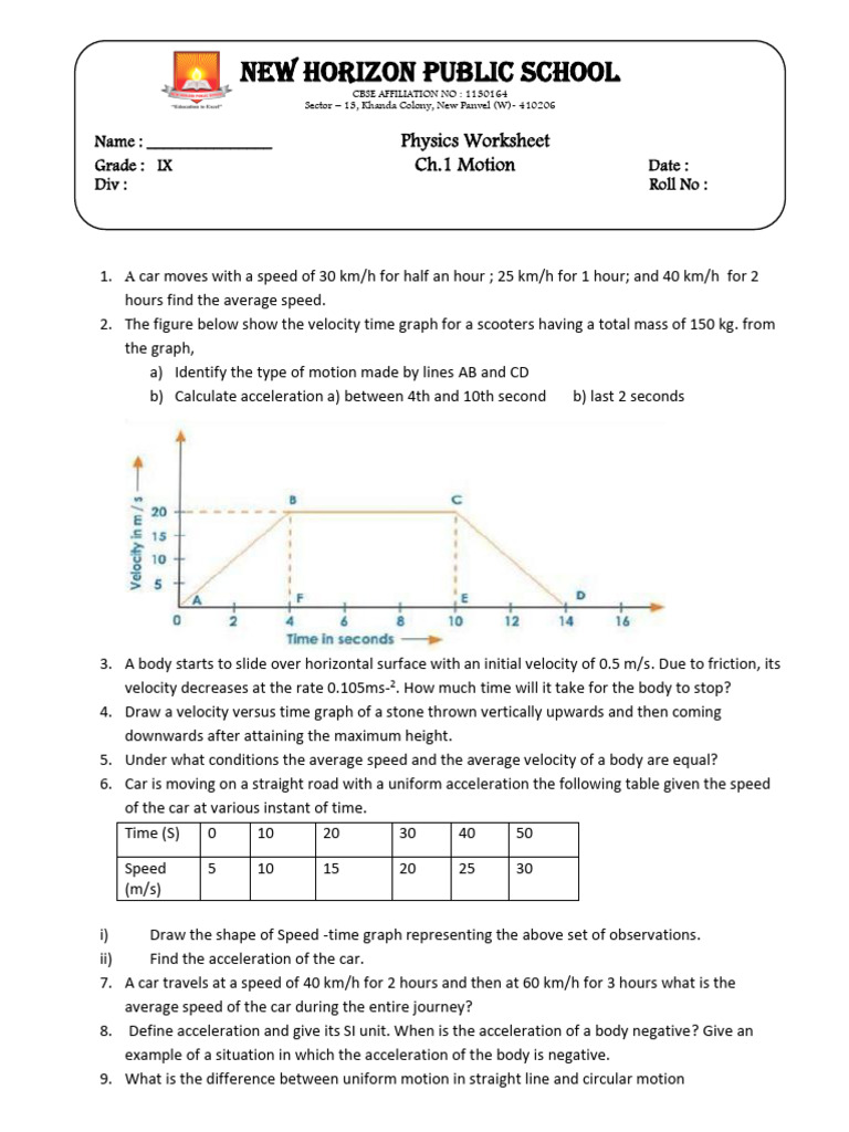 Motion Worksheet - IX 2025-26 | PDF | Acceleration | Velocity